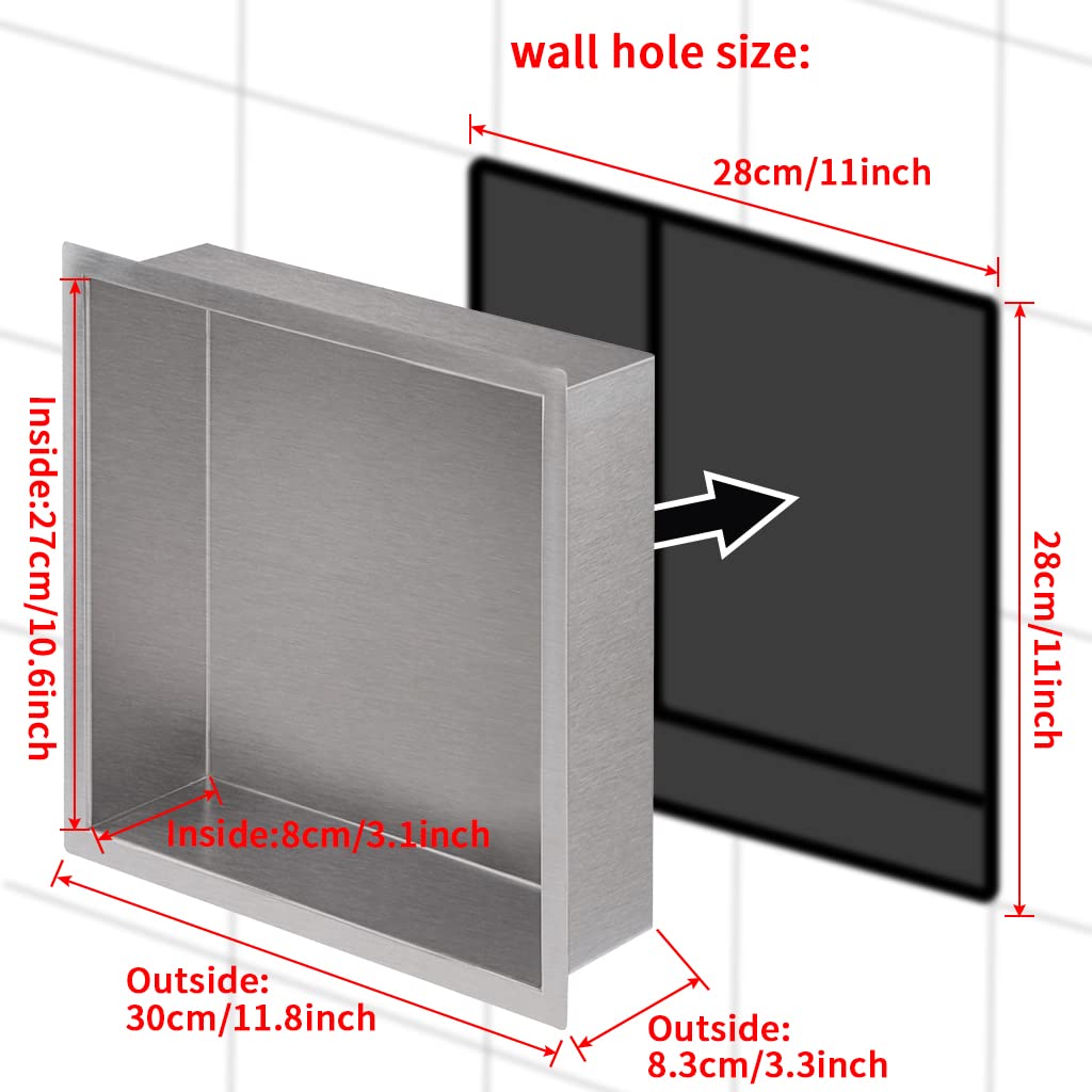 Sanbege 12"×12" Shower Niche Brushed Stainless Steel, Recessed Shower Caddy, Bathroom Shelf Insert Fits for 11"x11" Wall Hole Installation (Nickel)