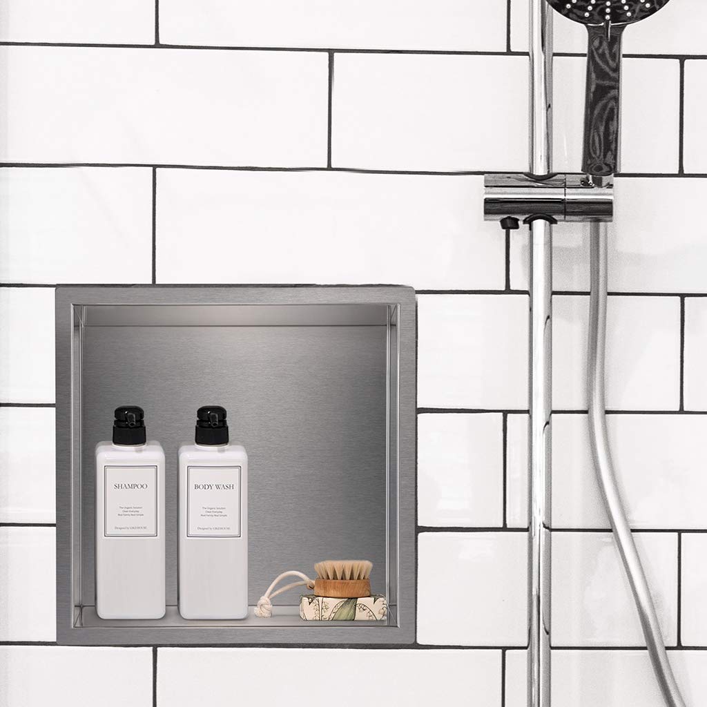 Sanbege 12"×12" Shower Niche Brushed Stainless Steel, Recessed Shower Caddy, Bathroom Shelf Insert Fits for 11"x11" Wall Hole Installation (Nickel)