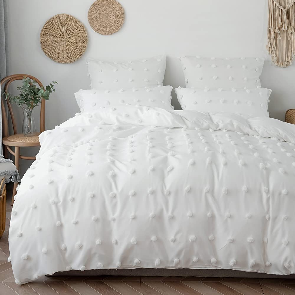 Uthem Tufted Duvet Cover Full Size (79x90 inch),3 Pieces - 1 Jacquard Comforter Cover with 2 Pillowcase，Chenille Dots All Season Soft Washed Microfiber Bedding Set with Zipper Closure,White