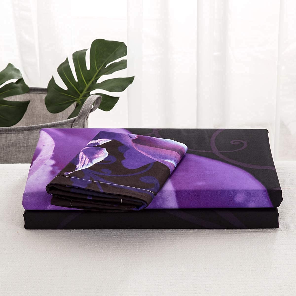 3D Purple Rose Duvet Cover Sheet Set Queen, Reversible Purple Rose Pattern Printed Bedding Comforter Cover with Zipper Closure, 7 Pieces Bundle Soft Microfiber Bedding Duvet Cover Sheets Set 90"x90"