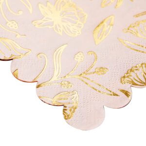 Sparkle and Bash 50-Pack Pink Paper Napkins with Gold Foil, Floral Design & Scalloped Edges for Wedding, Baby Showers, & Bridal Showers, Disposable Cocktail Napkins for Serving Drinks (3-Ply, 5x5 in)