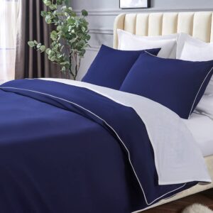 DAUAOTO Duvet Cover Full/Queen Set, Navy Blue Microfiber Bedding with Decorative White Piping, 1 Zipper Closure Cover + 2 Standard Shams