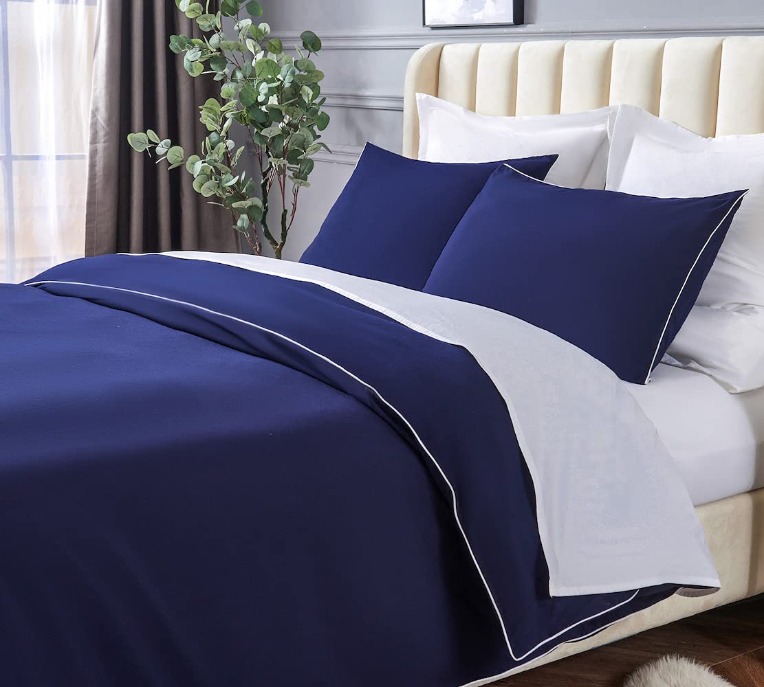 DAUAOTO Duvet Cover Full/Queen Set, Navy Blue Microfiber Bedding with Decorative White Piping, 1 Zipper Closure Cover + 2 Standard Shams