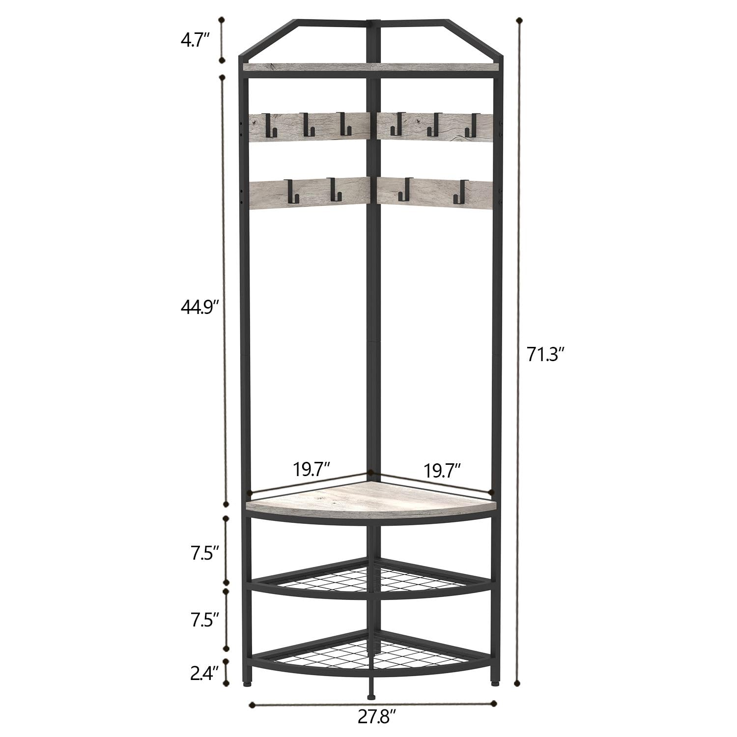 GiftGo Grey Corner Hall Tree with Shoe Bench Entryway Coat Rack with 10 Metal Movable Hooks Rustic Farmhouse Floorstanding Clothes Rack Shoes Shelf Organizer for Home Office Bedroom (Greige)