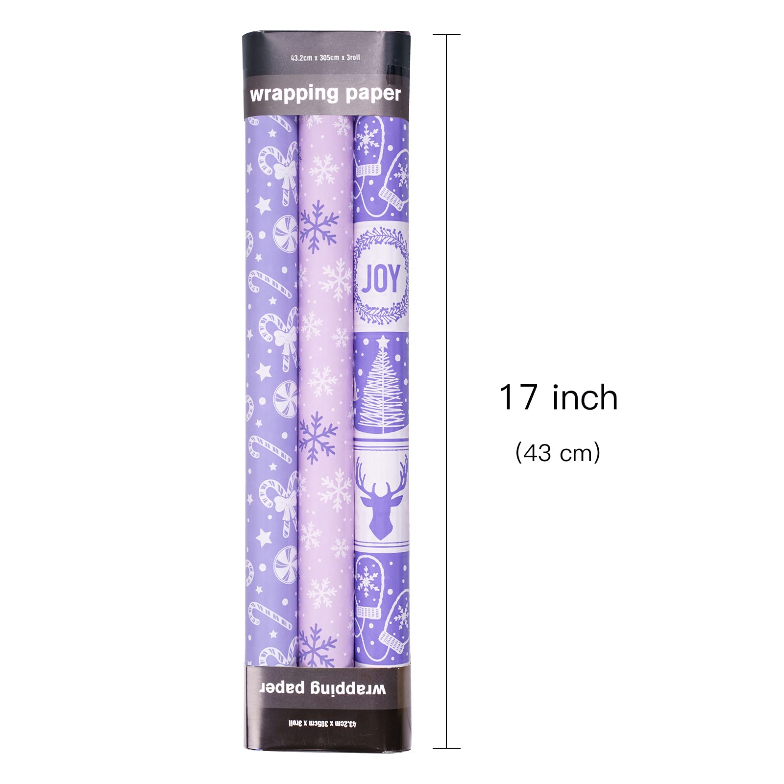 LeZakaa Christmas Wrapping Paper Mini Roll - Bell & Tree/Candy Canes/Snowflakes Design in Light Purple for Gift Wrap, Arts Crafts - 17 x 120 inches - 3 Rolls (42.5 sq.ft.ttl.)