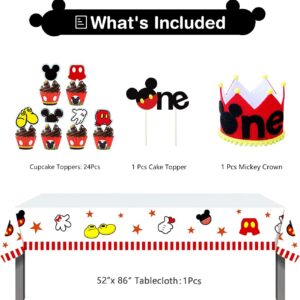 FVABO Mickey 1st Birthday Party Supplies Include Backdrop, Balloons Garland Arch, Welcome Hanger, Banner, Crown, Tablecloth, Cake Topper, Tassels, Mickey Theme Mouse Baby Shower Party Decorations