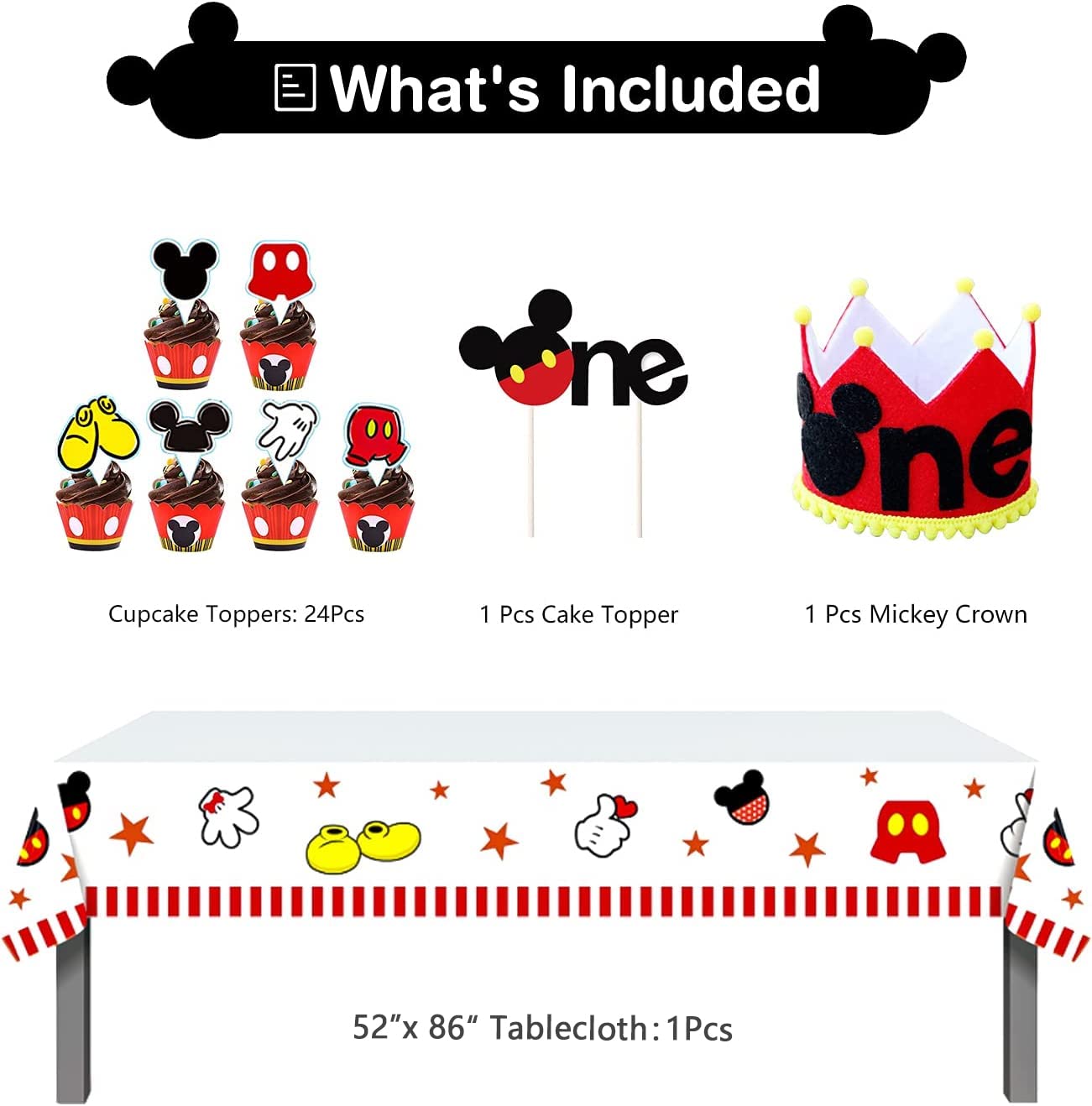 FVABO Mickey 1st Birthday Party Supplies Include Backdrop, Balloons Garland Arch, Welcome Hanger, Banner, Crown, Tablecloth, Cake Topper, Tassels, Mickey Theme Mouse Baby Shower Party Decorations