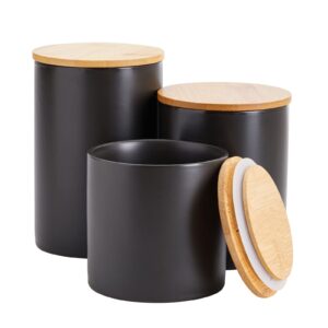 farmlyn creek set of 3 matte black kitchen canister with airtight wooden bamboo lids, kitchen counter containers, food storage jars, ideal for storing sugar, coffee and other dry goods, (3 sizes)