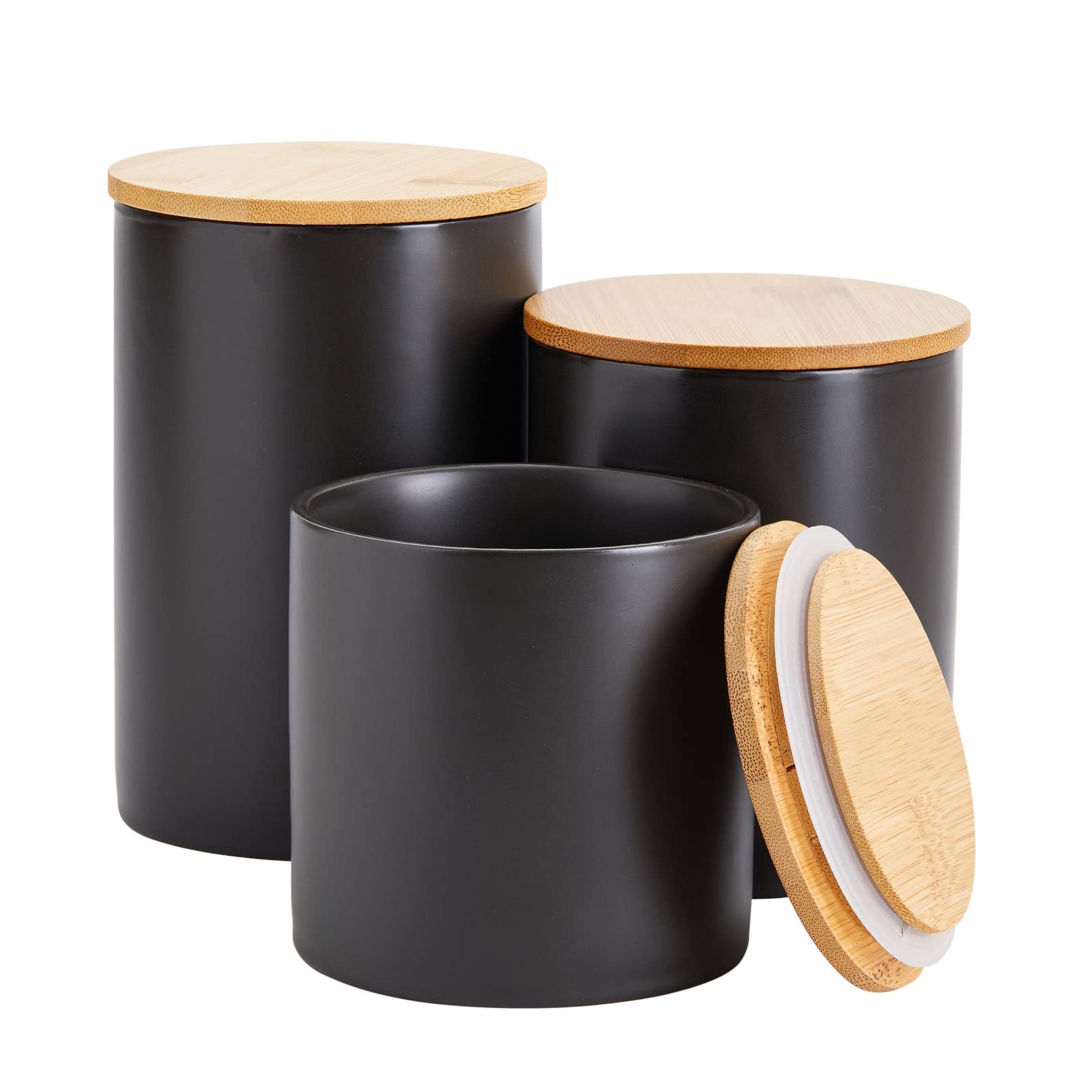 Farmlyn Creek Set of 3 Matte Black Kitchen Canister with Airtight Wooden Bamboo Lids, Kitchen Counter Containers, Food Storage Jars, Ideal for Storing Sugar, Coffee and Other Dry Goods, (3 Sizes)