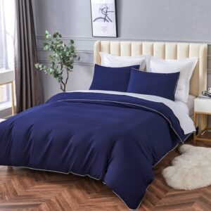 DAUAOTO Duvet Cover Full/Queen Set, Navy Blue Microfiber Bedding with Decorative White Piping, 1 Zipper Closure Cover + 2 Standard Shams