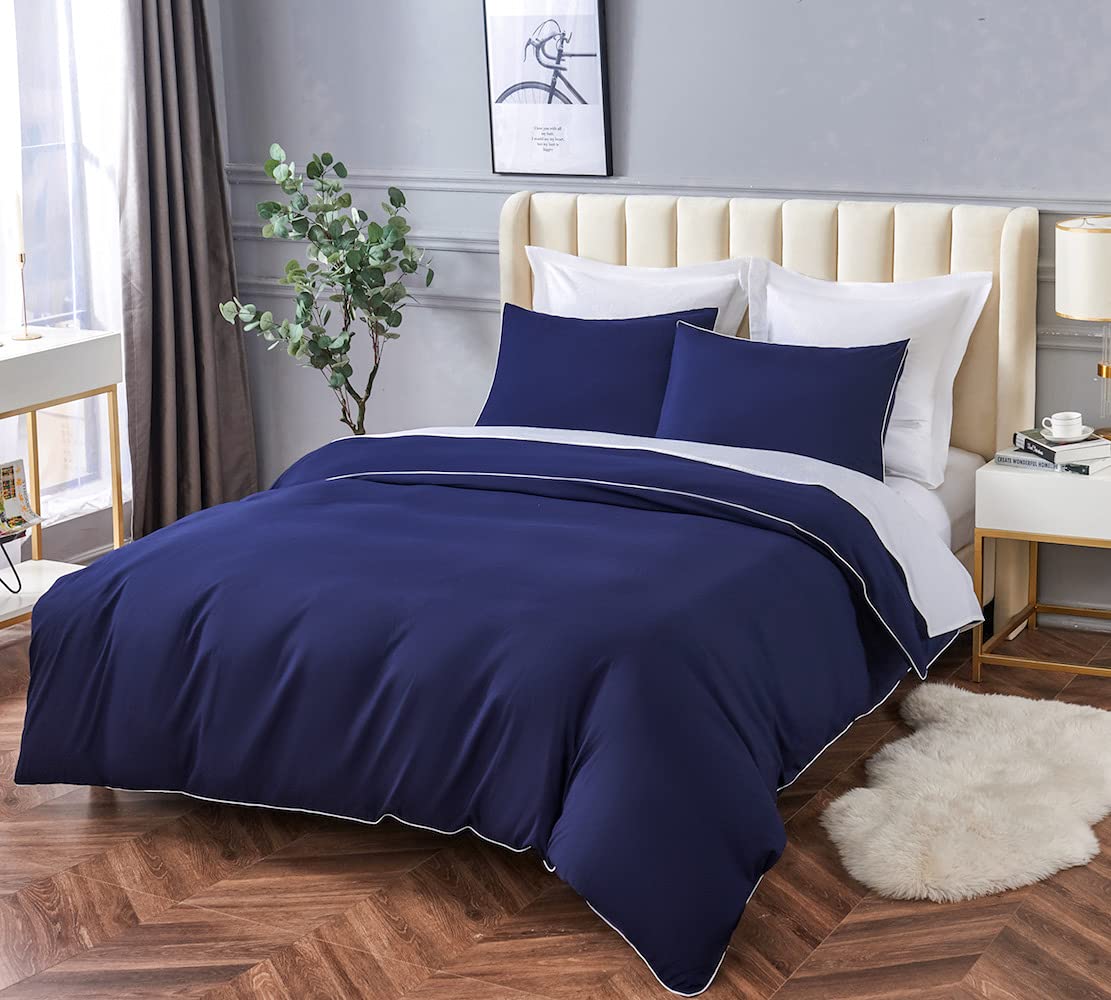 DAUAOTO Duvet Cover Full/Queen Set, Navy Blue Microfiber Bedding with Decorative White Piping, 1 Zipper Closure Cover + 2 Standard Shams