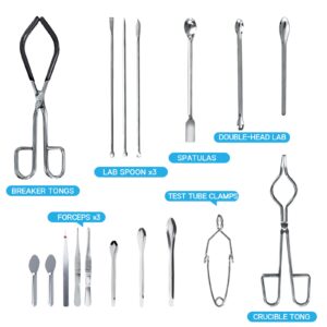 Scientific Lab Tools Pack for Basic Starter, Chemistry Set - Crucible Tongs Lab Spatula Scoop U-Shape Spoon Test Tube Clamps Stainless Steel Forceps Tweezers