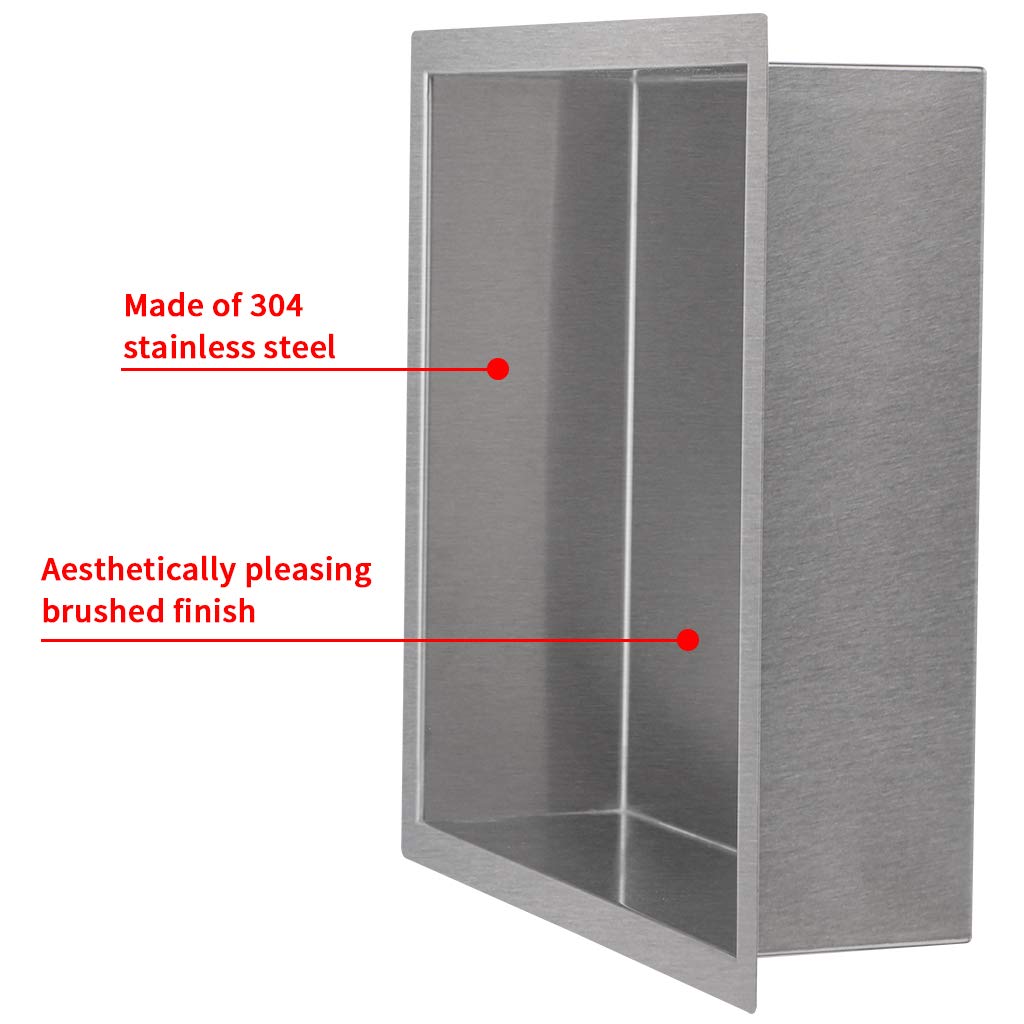 Sanbege 12"×12" Shower Niche Brushed Stainless Steel, Recessed Shower Caddy, Bathroom Shelf Insert Fits for 11"x11" Wall Hole Installation (Nickel)