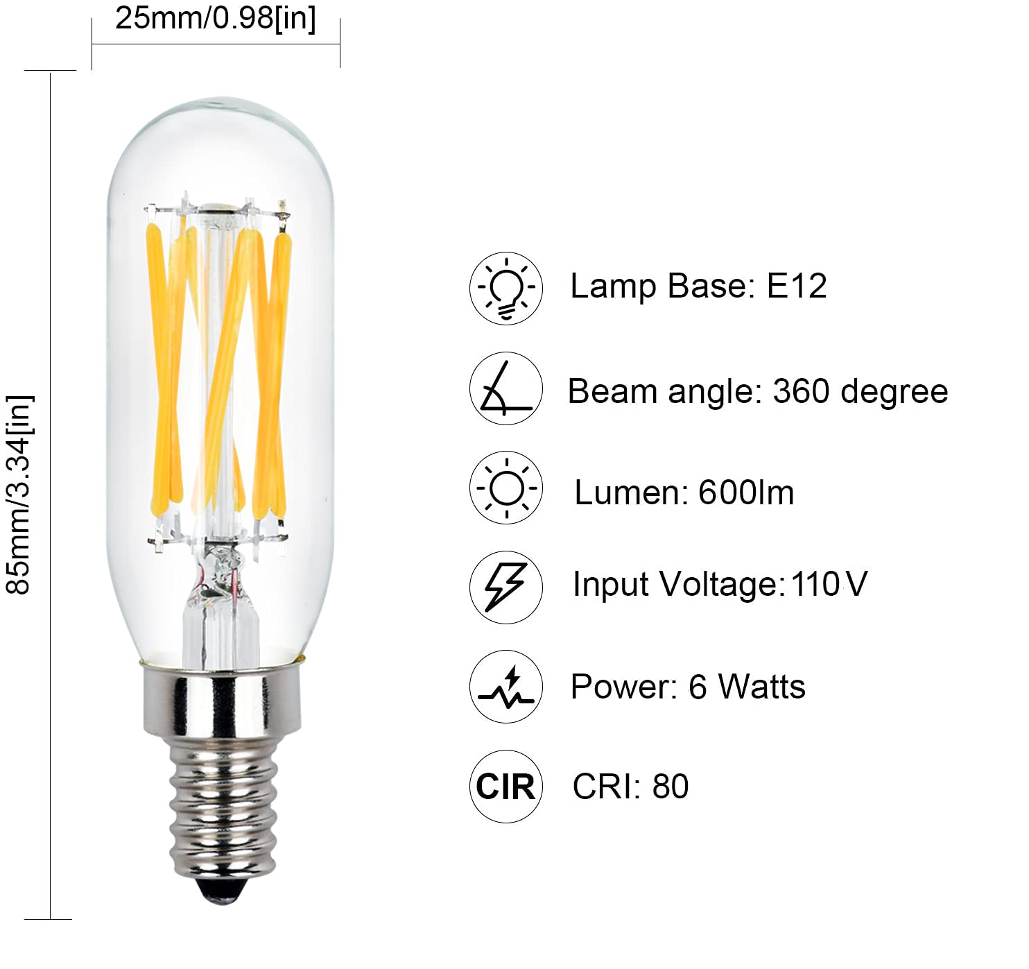 Raheem T8 LED Bulb, E12 Dimmable LED Bulb, 110v 600Lumens 3000k 60W Equivalent, Clear Glass Tubular Light Bulb, Best Replacement for Incandescent Bulb, Candelabra LED Bulbs, 10 Pack (Warm White)