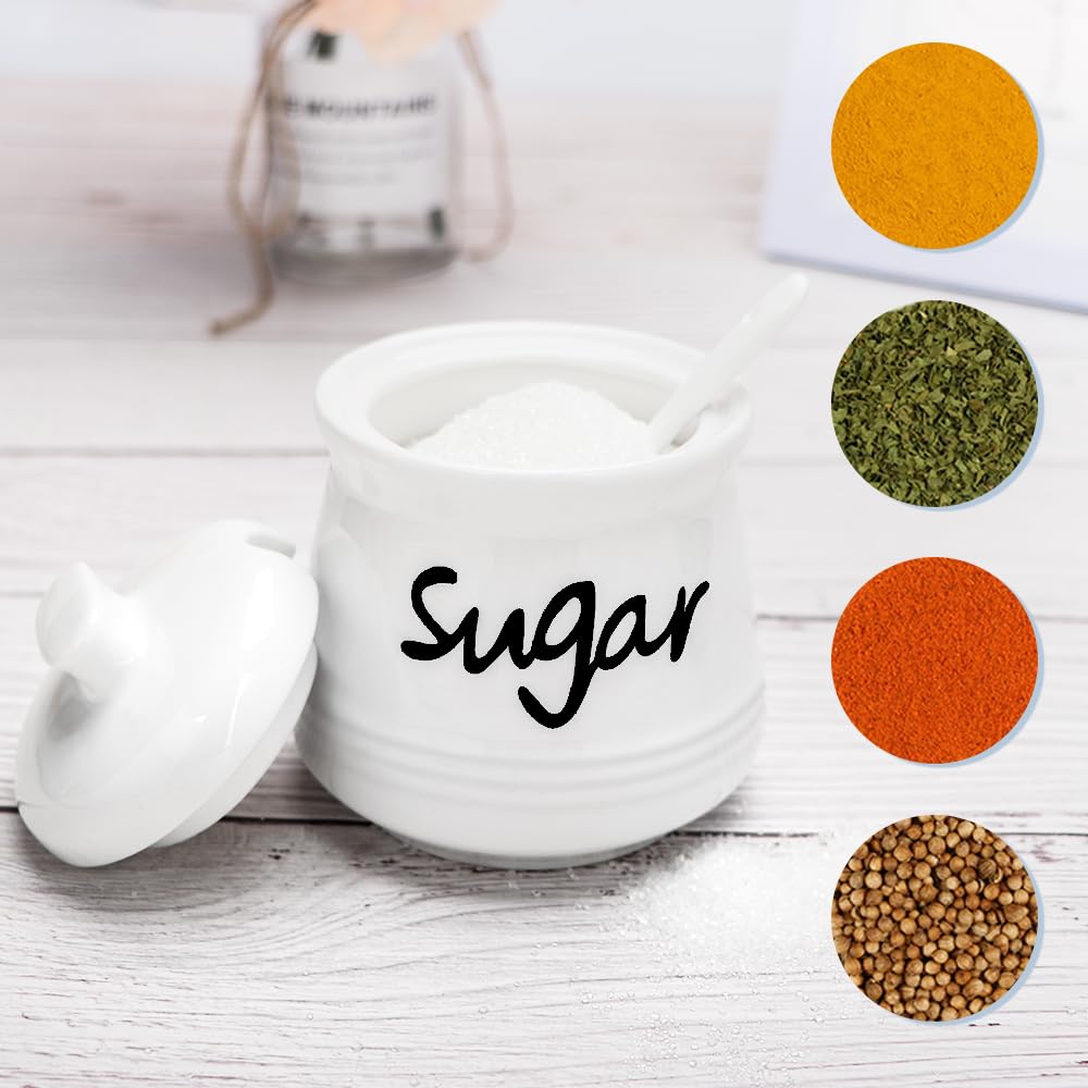 Swetwiny Ceramic Sugar Bowl with Lid and Spoon, 12 Ounces Porcelain Sugar Jar Sugar Dispenser, Sugar Container for Home and Kitchen Decor (White)