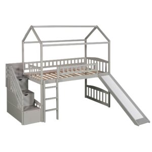 Harper & Bright Designs House Bed Loft Bed with Slide, Twin Loft Bed with Stairs and Storage, Wood Loft Bed Frame for Kids & Girls & Boys (Gray)