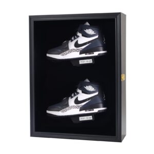 comsrev memorabilia shoe display case wooden frame wall mount acrylic clear door sneaker cabinet containers storage shelves boxes 98% uv protection lockable（double shoe-black）