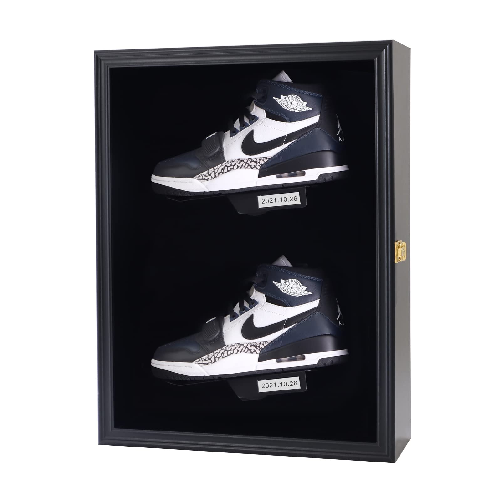 COMSREV Memorabilia Shoe Display Case Wooden Frame Wall Mount Acrylic Clear Door Sneaker Cabinet Containers Storage Shelves Boxes 98% UV Protection Lockable（Double Shoe-Black）