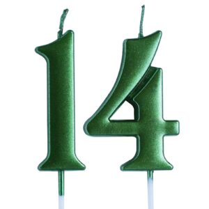 green 14th birthday candle, number 14 years old candles cake topper, boy or girl party decorations, supplies