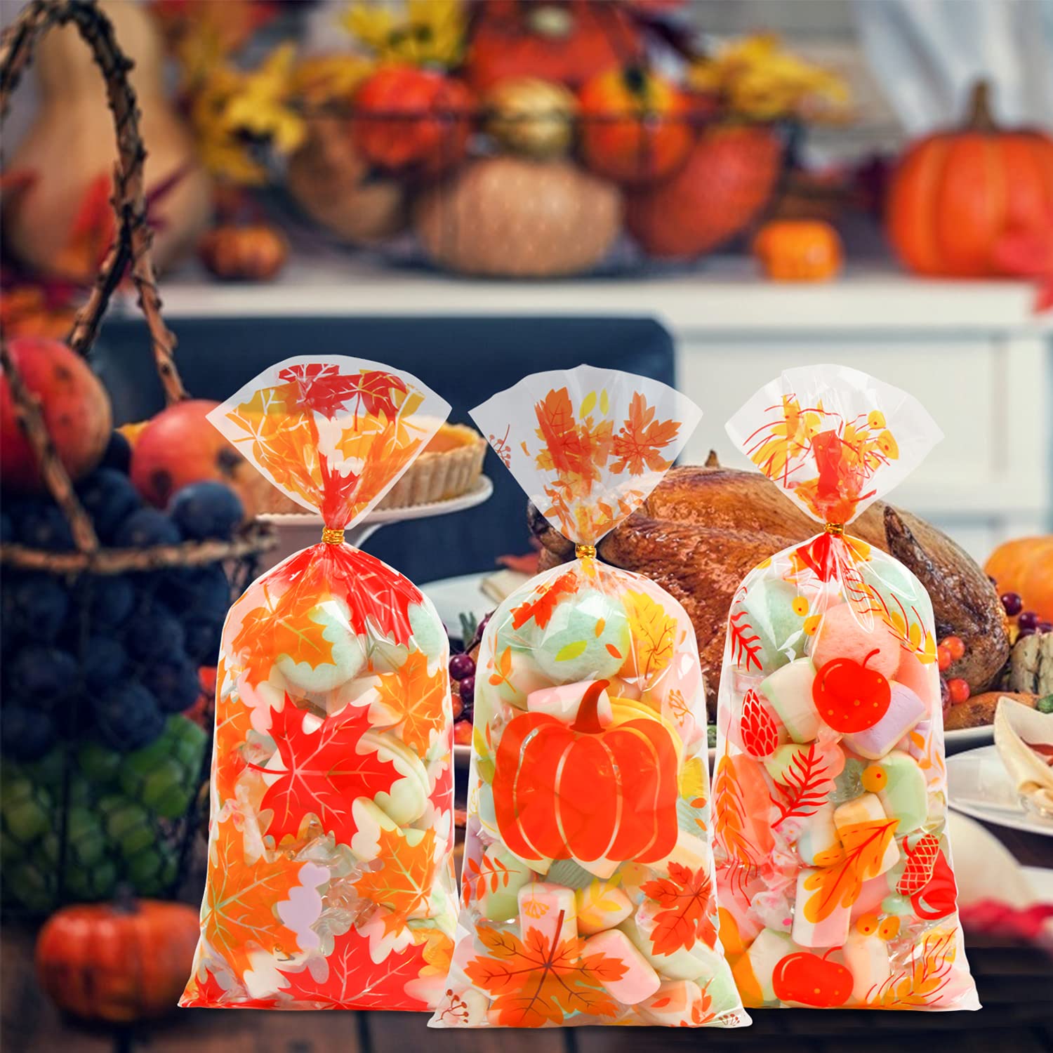 DERAYEE 120 Pieces Fall Cellophane Treat Bags, Fall Gift Bags Goodie Bags of Fall leaves for Kids Autumn Party Favor Supplies