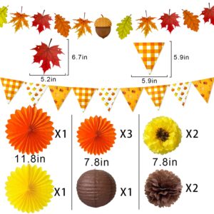 Mauts-inus Fall Thanksgiving Party Decorations -Orange Autumn Hanging Paper Fans Pom Poms Maple Leaves Party Swirls Streamers Lanterns Garlands Fall Banner for Thanksgiving Wedding Birthday