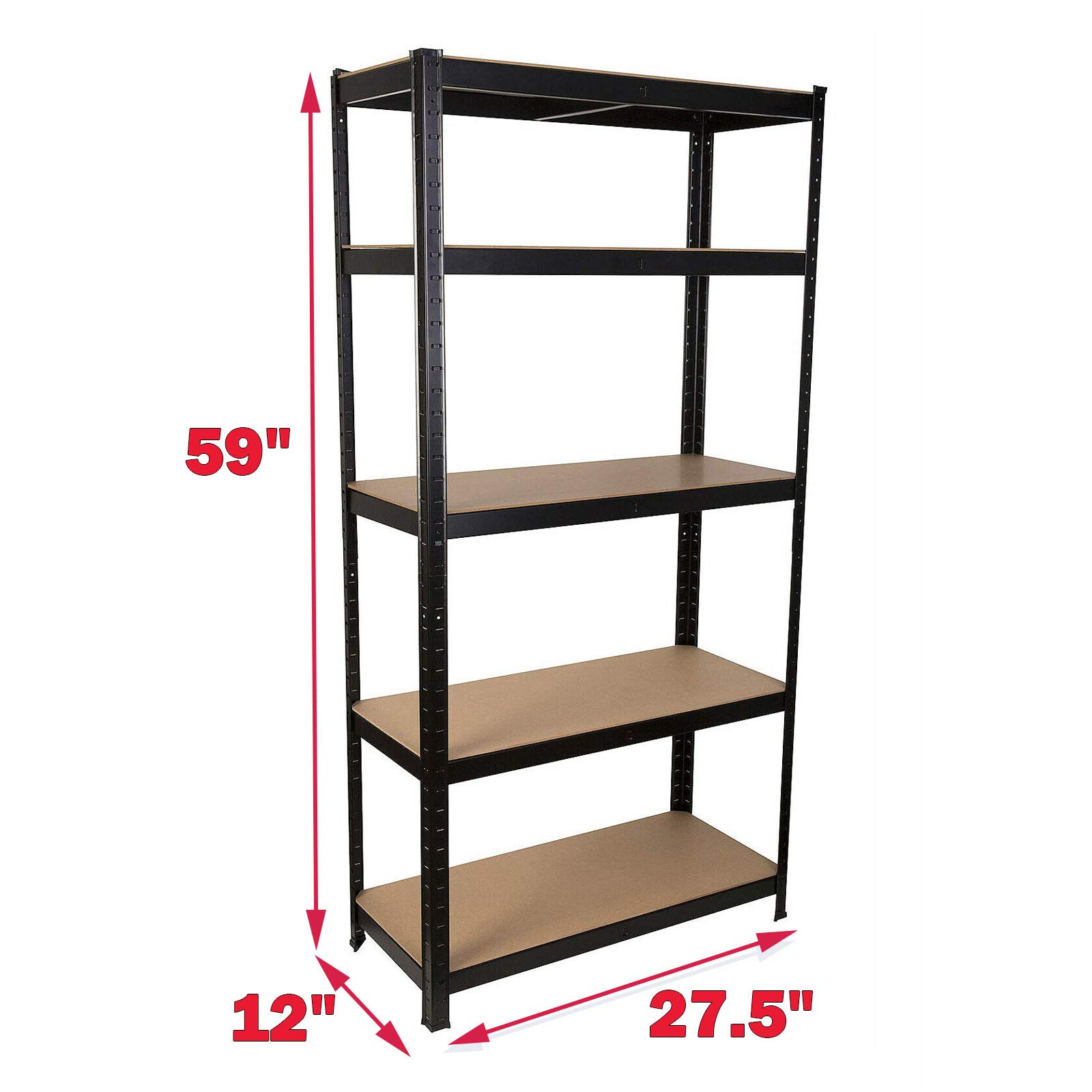 59 Inch Storage Shelving Unit 5-Shelf Adjustable Height Garage Shelving Units Kitchen Shelf Organizer Rack, Metal Steel Frame MDF Boards 386lbs Max Load Per Tier, 27.5" x 12" x 59", Black