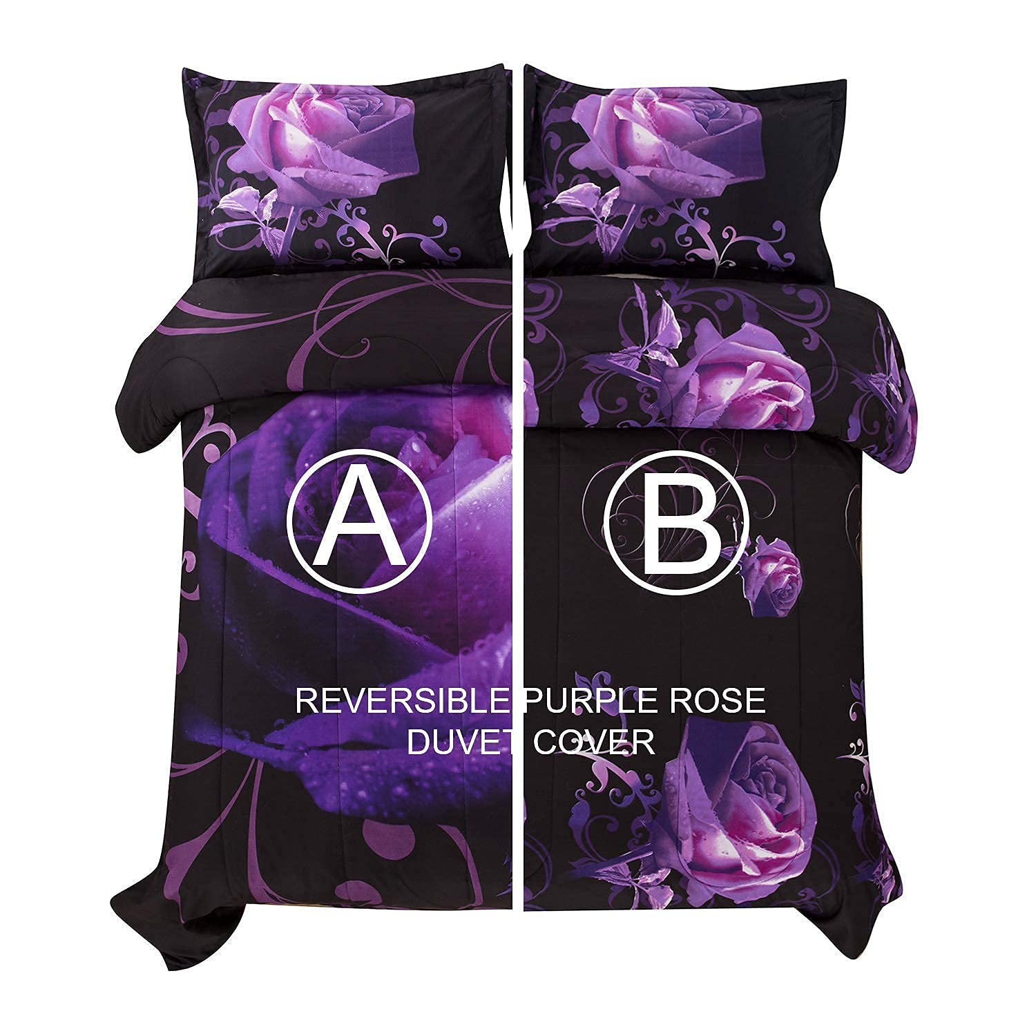 3D Purple Rose Duvet Cover Sheet Set Queen, Reversible Purple Rose Pattern Printed Bedding Comforter Cover with Zipper Closure, 7 Pieces Bundle Soft Microfiber Bedding Duvet Cover Sheets Set 90"x90"