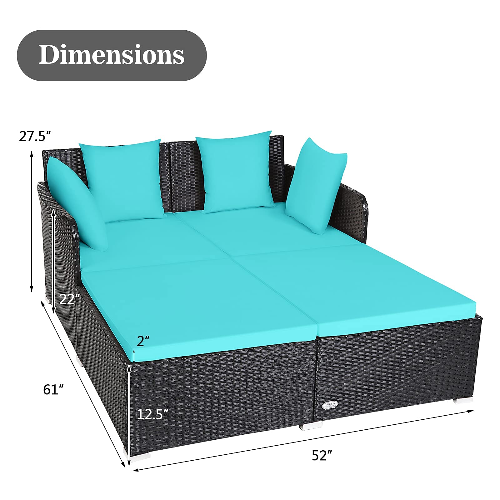 Salches Outdoor Rattan Daybed, Patio Loveseat Sofa Set w/Comfortable Cushions Extra Pillows & Metal Foot, Sunbed Wicker Furniture for Yard/Poolside/Living Room/Garden/Porch, 1, Turquoise