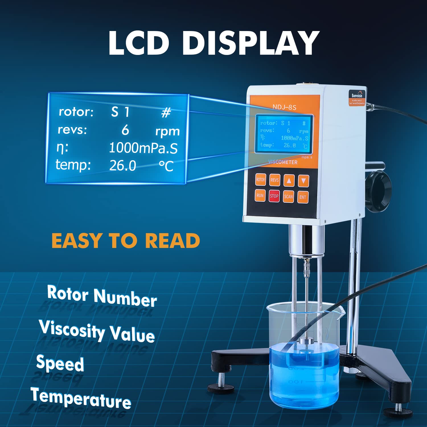 Bonvoisin Digital Rotary Viscometer 10-100,000mPa.S Digital Lab Rotational Viscosity Meter +-3% Accuracy Fluidimeter Tester Meter with 4 Rotors and Temperature Probe 110-240V(NDJ-5S)