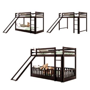 Floor Bunk Bed with Slide, Twin Over Twin Bunk Bed for Kids Toddlers, Wood Low Beds Frame with Ladder for Boys Girls Teens, Espresso