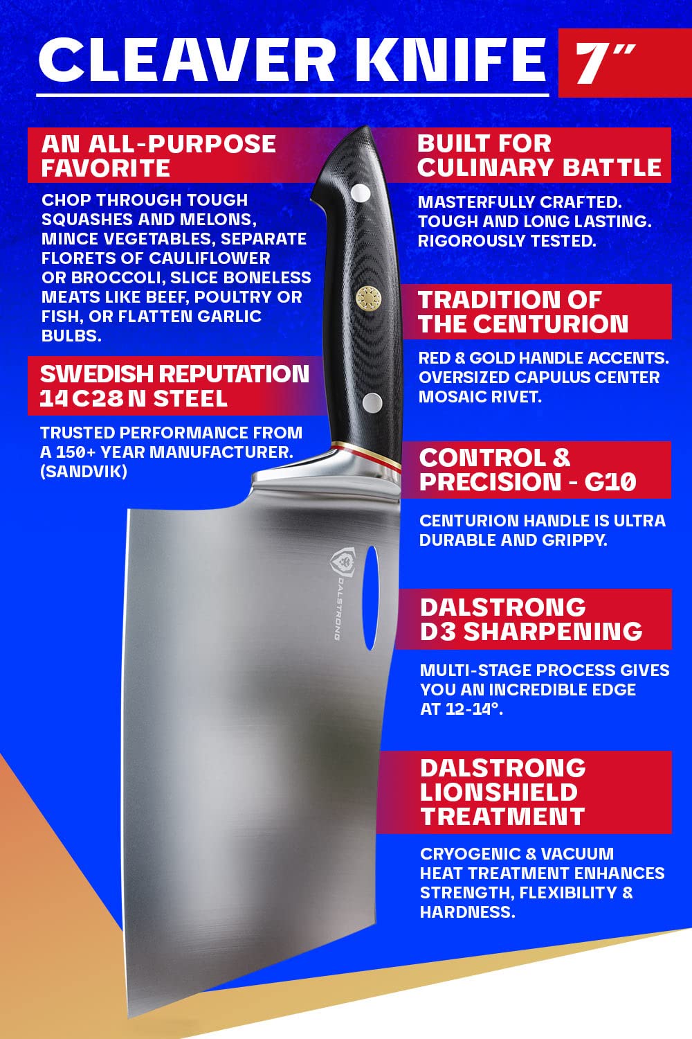 Dalstrong Meat Cleaver Knife - 7 inch - Centurion Series - Swedish 14C28N High Carbon Stainless Steel - G10 Handle - Razor Sharp Giftable Meat Cutting Knife - w/Sheath