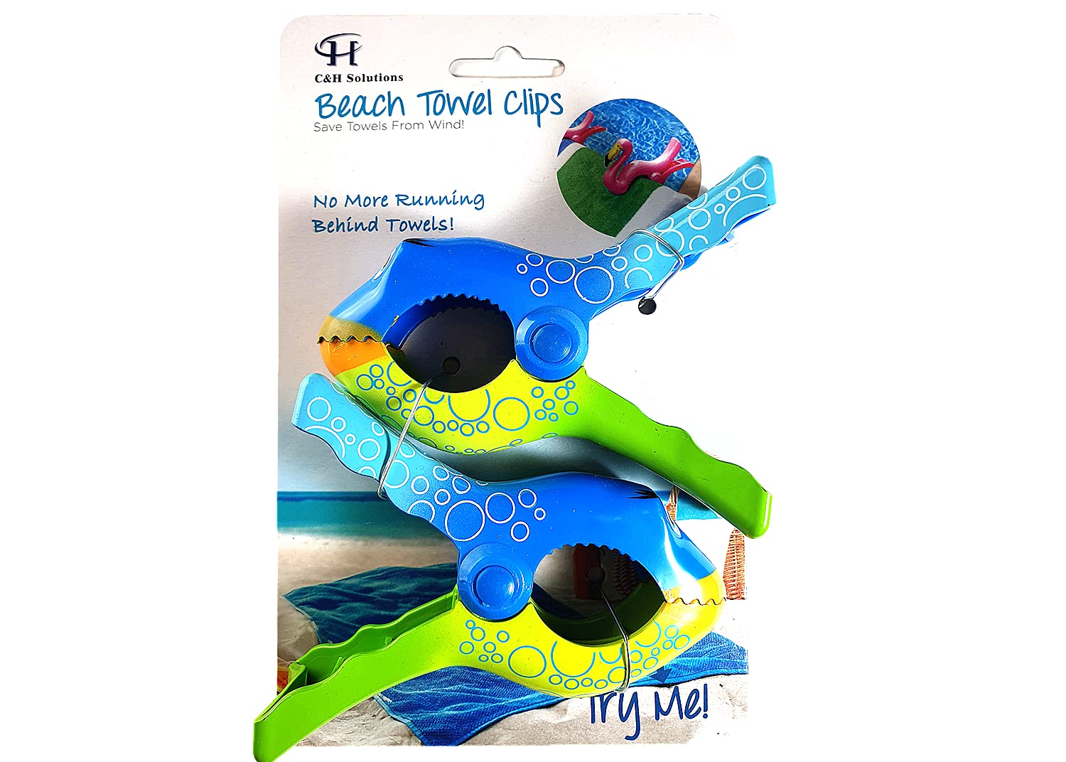 C&H Beach Tower Clips, Beach Towel Holders, Clips, Beach, Patio or Pool Accessories, Portable Towel Clips, Chip Clips, Secure Clips, Bubble Fish Style