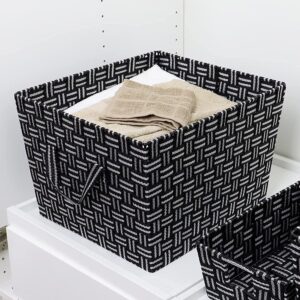 Home Basics Stripe Woven Strap Storage Bin | Various Black | Blue | Brown | Grey | Great for Storage | Metal Frame | Lightweight with Handles | Sturdy Construction (Black, X Large)