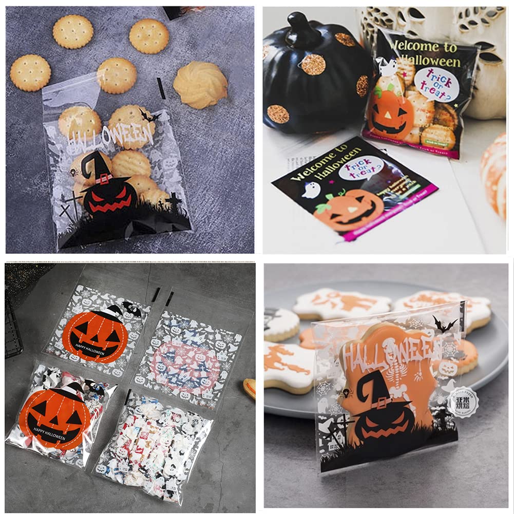 NB 400 Pcs Halloween Candy Bags, Self Adhesive Trick or Treat Cookie Bags for Party Gift Supplies, Cellophane Halloween Goodie Bags (12 oz,8 Styles)