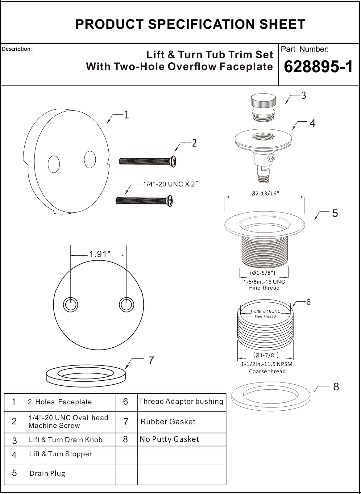 Champagne Bronze Lift & Turn Tub Trim Set with Two-Hole Overflow Faceplate and No Putty Gasket, Bathtub Conversion Kit Assembly with Universal Fine/Coarse Thread, No Putty Installation by Artiwell