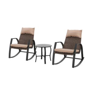 lokatse home 3 pieces outdoor bistro set patio wicker furniture rattan rocking chairs with cushion & coffee table, khaki