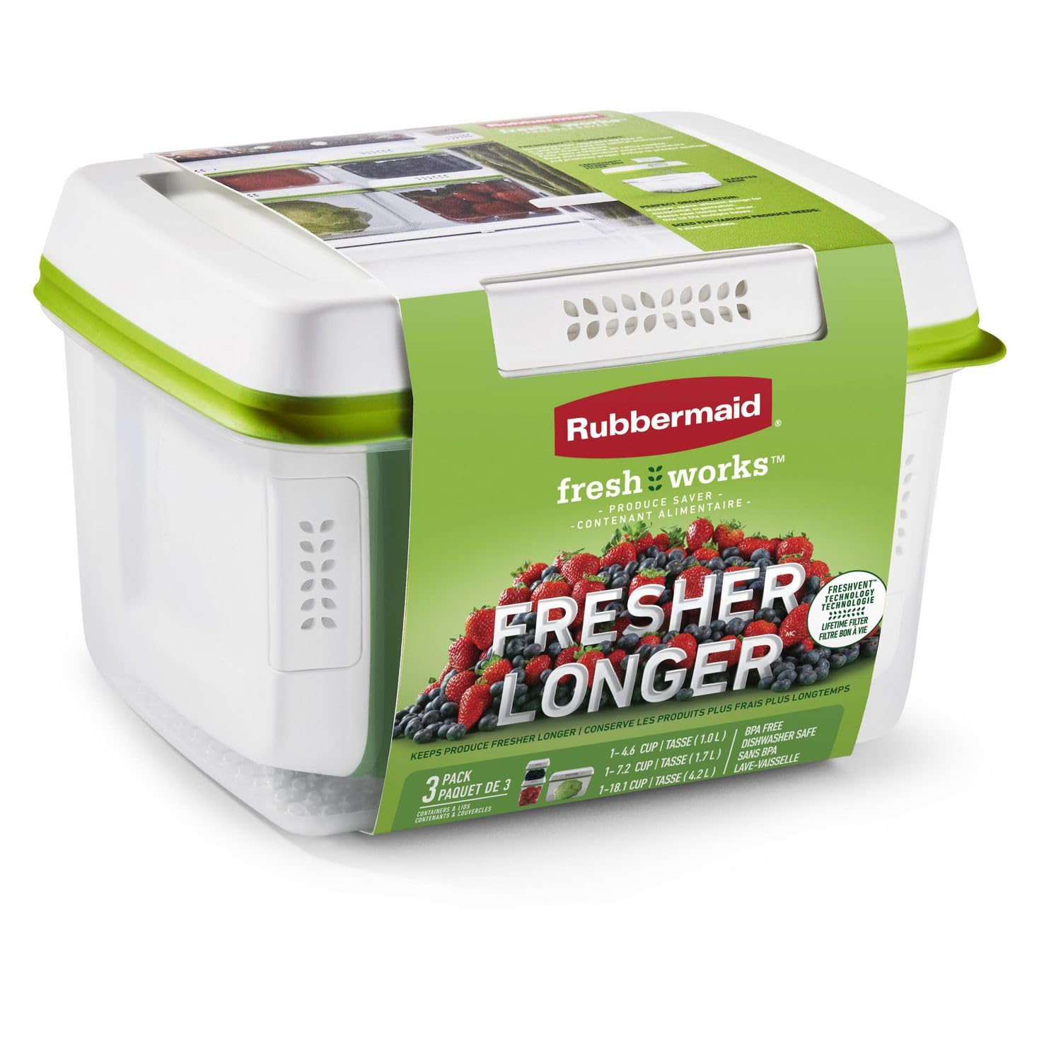 Rubbermaid FreshWorks Produce Saver, Medium and Large Produce Storage Containers, 6-Piece Set, 2: 7.2-Cup and 1: 18.1-Cup Container and Lids, Clear