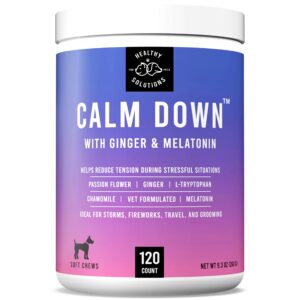 calming chews for dogs - dog calming treats for anxiety & stress relief with melatonin and ginger - aid with storms, grooming, fireworks, separation, travel, motion sickness, & sleep - 120 chews