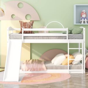 harper & bright designs bunk beds twin over twin,wooden bunk bed with slide, low bunk bed for kids with ladder, floor bunk bed toddler,no box spring needed,white