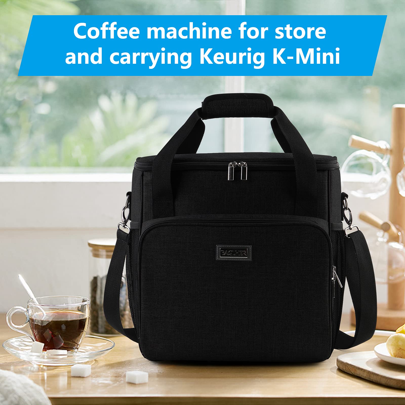 BAGLHER Coffee Maker Travel Bag Compatible with Keurig K-Mini, K-Mini Plus, Nespresso Vertuo or Other Accessories, Portable Coffee Maker Case with Shoulder Strap for Travel Black