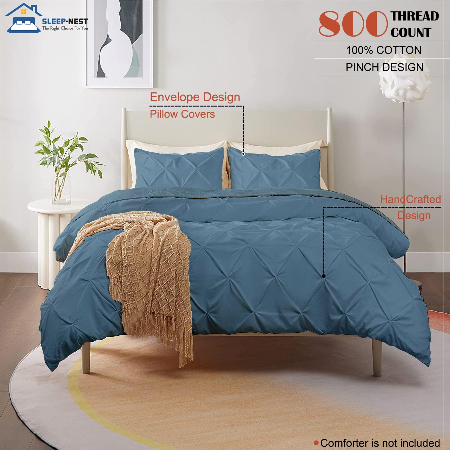 SLEEP-NEST Super King Duvet Cover Set 120x120 Inch 3 Piece 100% Egyptian Cotton with Zipper Closure 800TC All Season Breathable 10x10ft Extra Large Cover, Oversized King Plus, Medium Blue