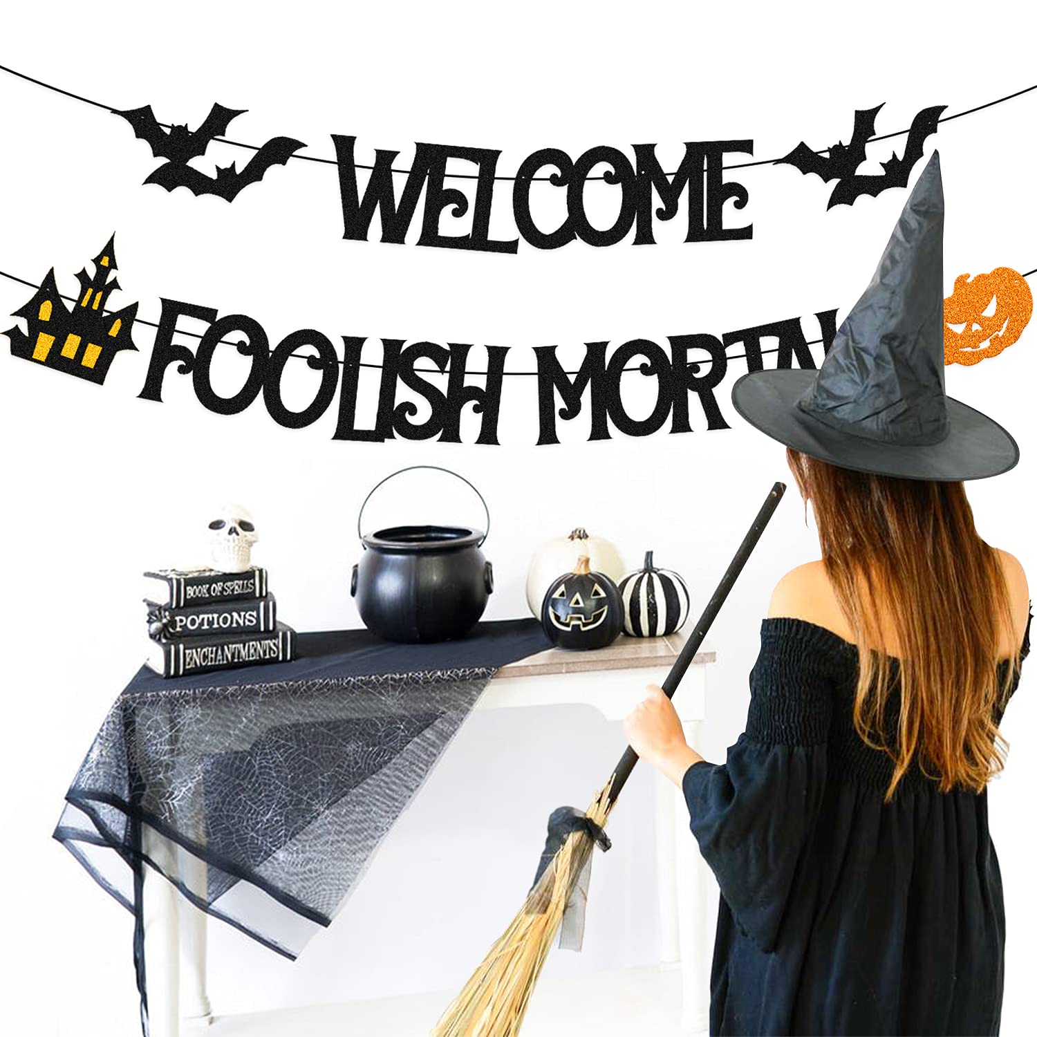 Welcome Foolish Mortals Decorations Halloween Party Banner Haunted House Hanging Ghost Pumpkin Bats Witches Theme Happy Halloween Glitter Black Party Supplies