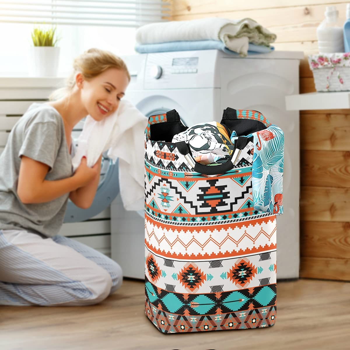 Aztec Ethnic Large Laundry Hamper, Boho Chevron Laundry Baskets with Handle, Oxford Storage Basket, Portable Folding Clothes Hamper for Nursery, College Dorm, Bedroon, Bathroom