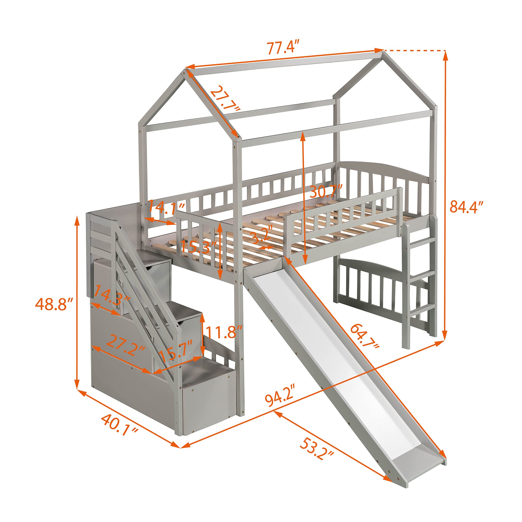 Harper & Bright Designs House Bed Loft Bed with Slide, Twin Loft Bed with Stairs and Storage, Wood Loft Bed Frame for Kids & Girls & Boys (Gray)