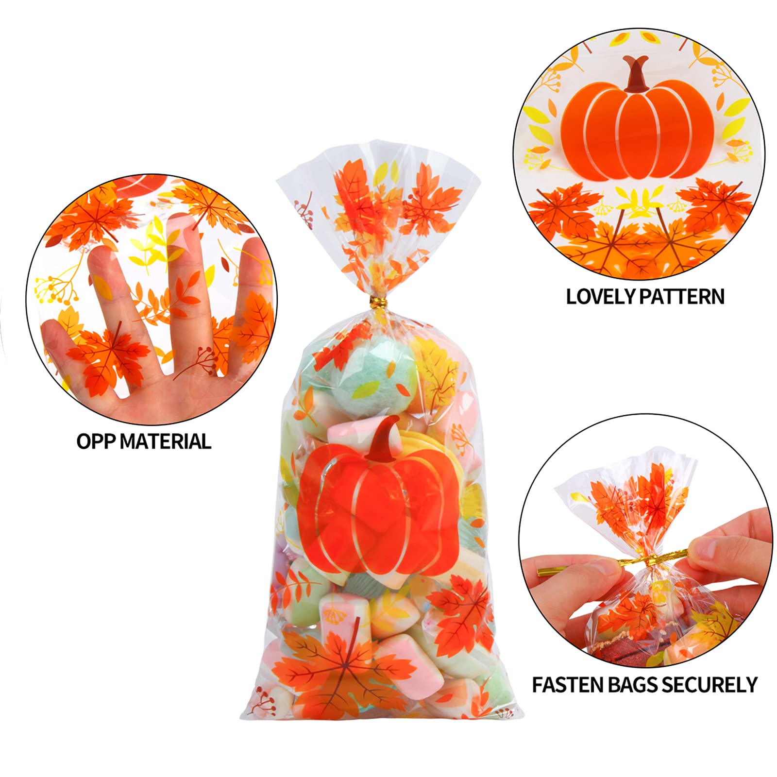 DERAYEE 120 Pieces Fall Cellophane Treat Bags, Fall Gift Bags Goodie Bags of Fall leaves for Kids Autumn Party Favor Supplies