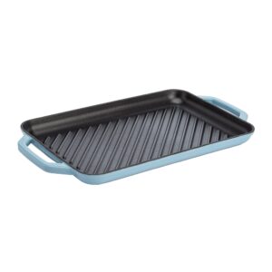 country living enameled cast iron grill pan, family sized rectangular griddle, durable indoor and outdoor cookware, 17" x 9.5", blue