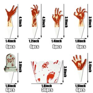 72PCS Halloween Cupcake Toppers Supplies 36 PCS Zombie Hand Tombstone Cupcake Toppers And 36 PCS Horror Red Handprint Cupcake Wrapper For Halloween Party Zombie Theme Party