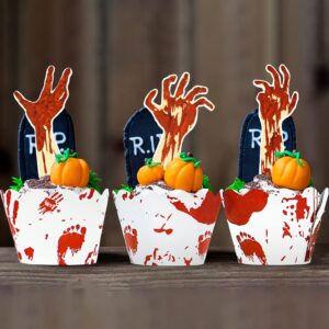 72PCS Halloween Cupcake Toppers Supplies 36 PCS Zombie Hand Tombstone Cupcake Toppers And 36 PCS Horror Red Handprint Cupcake Wrapper For Halloween Party Zombie Theme Party