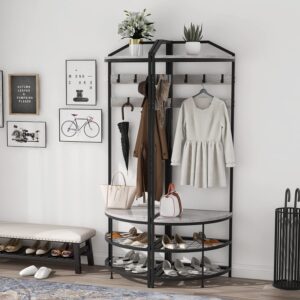 GiftGo Grey Corner Hall Tree with Shoe Bench Entryway Coat Rack with 10 Metal Movable Hooks Rustic Farmhouse Floorstanding Clothes Rack Shoes Shelf Organizer for Home Office Bedroom (Greige)