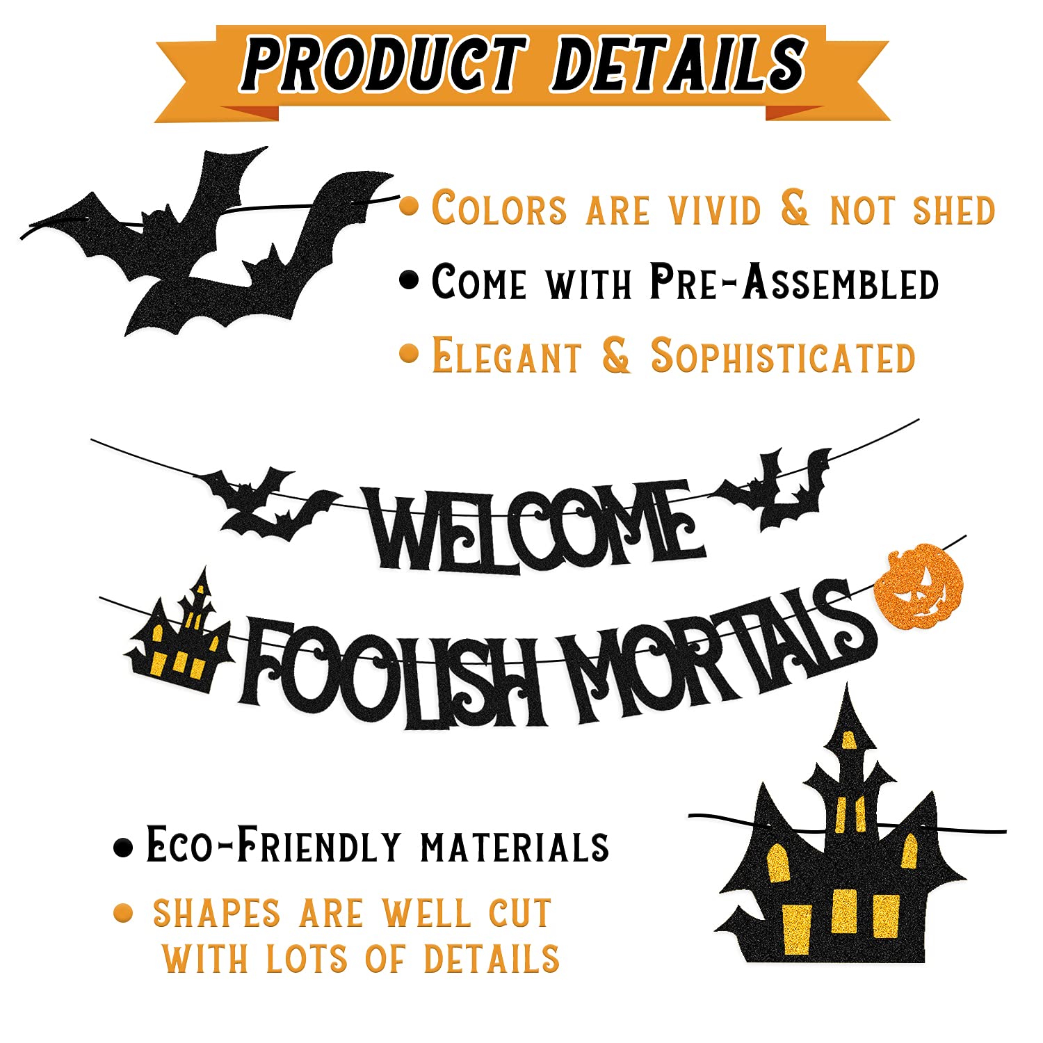 Welcome Foolish Mortals Decorations Halloween Party Banner Haunted House Hanging Ghost Pumpkin Bats Witches Theme Happy Halloween Glitter Black Party Supplies